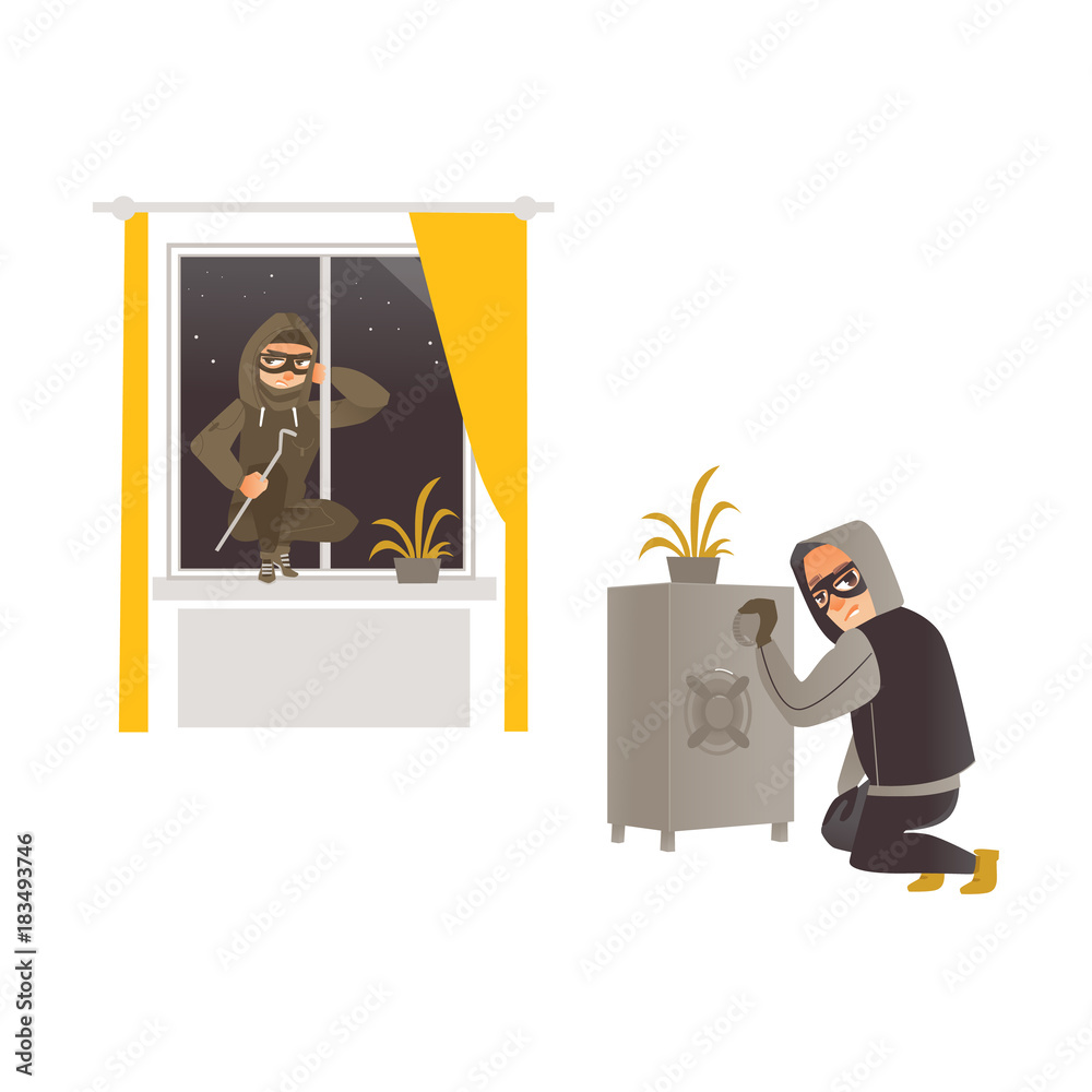 vector cartoon thief burglar housebreaker in mask, hood, breaking and ...