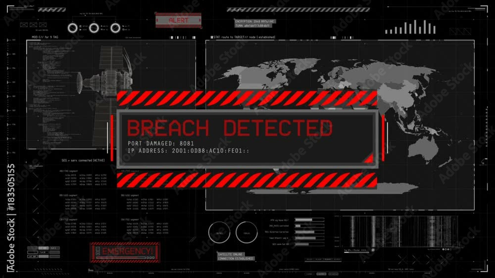 Breach detected red warning message on screen, hackers stealing ...