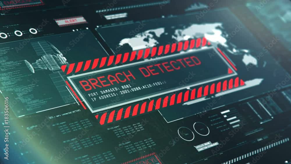 Breach detected message, satellite system under hacking attack, terrorism threat. Emergency ...