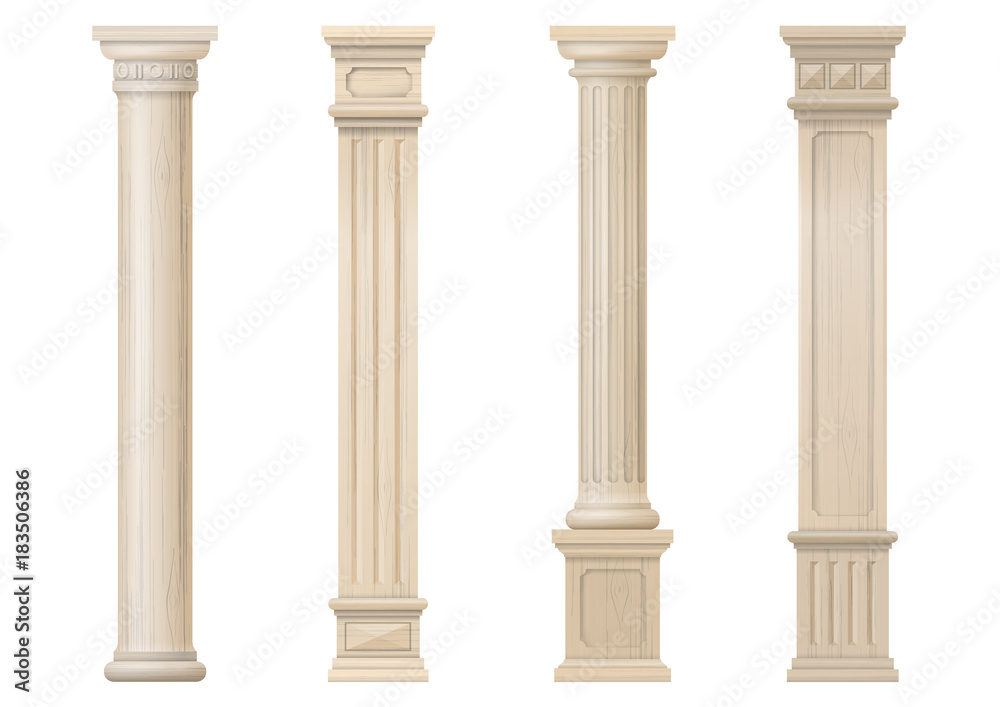 Set vintage classic wood carved architectural columns with ornament for ...