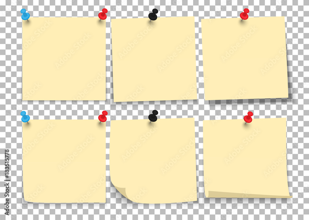 Set of sheets of notes paper with push pins on a transparent background ...
