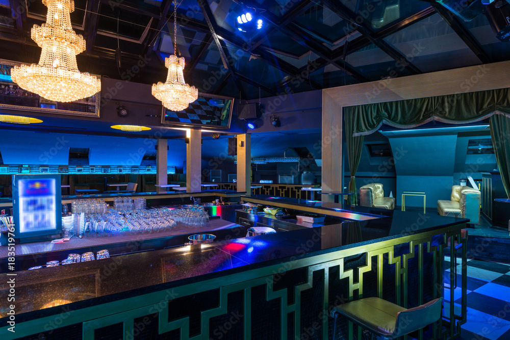 Chandeliers skylight and empty bar counter in restaurant interior Stock ...