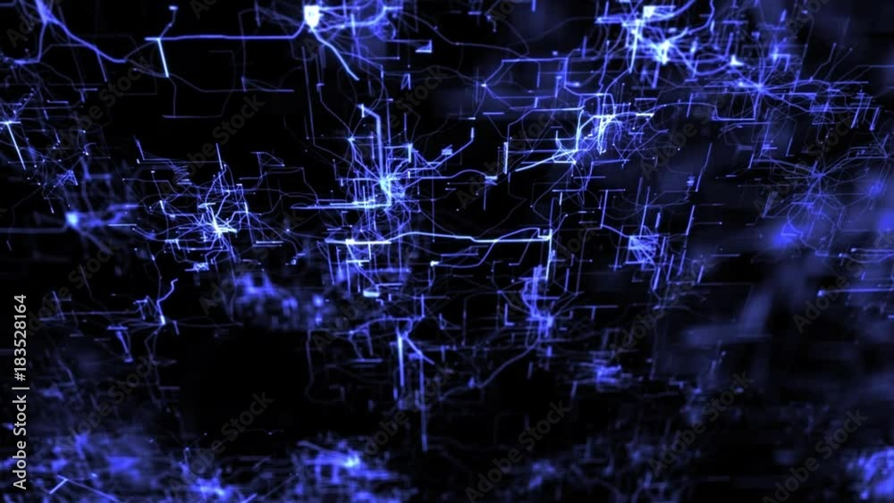 Camera flies through blue three-dimention Artificial Neural Network. Electronic nodes, connected ...