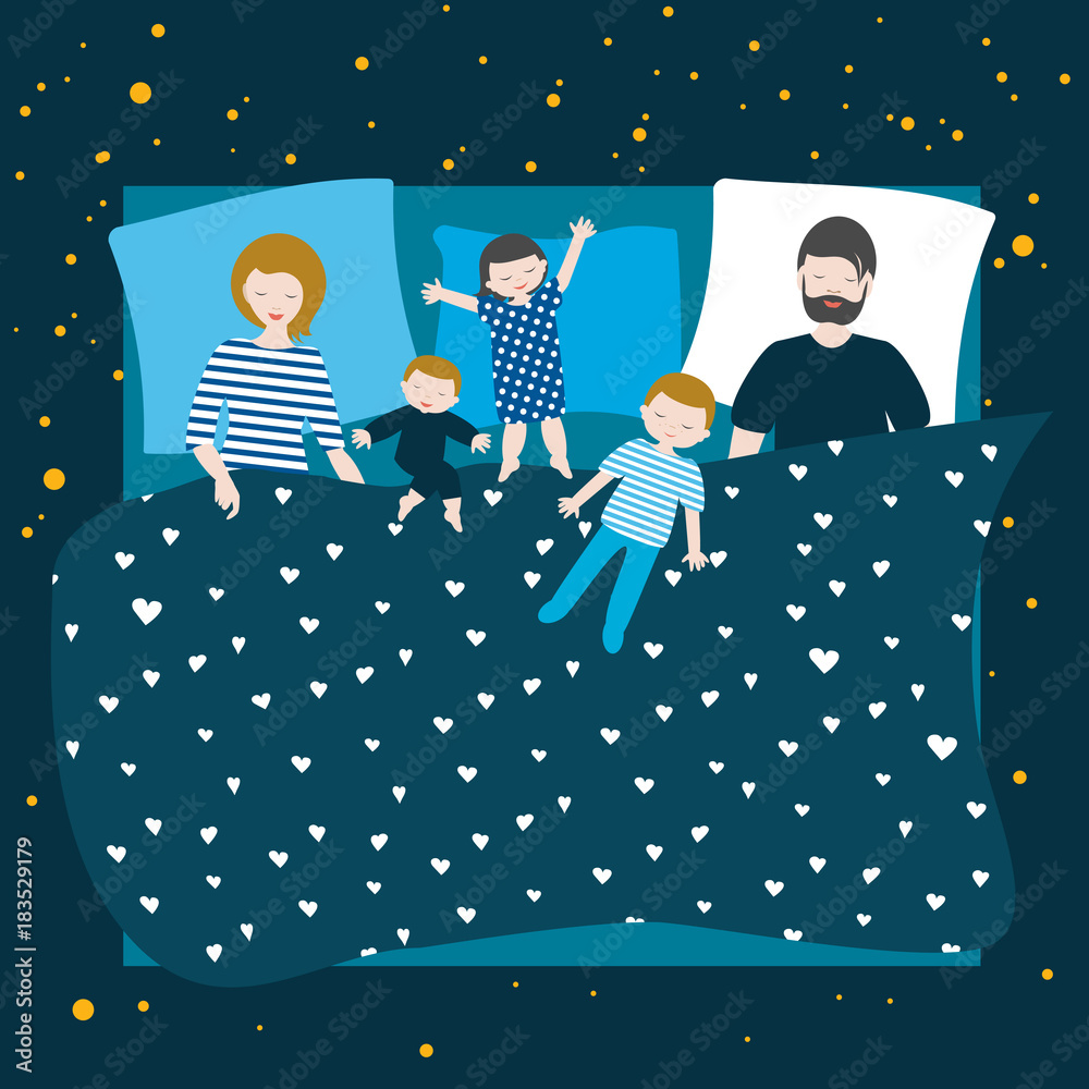 Family of parents and three children sleeping together in bed. Flat ...
