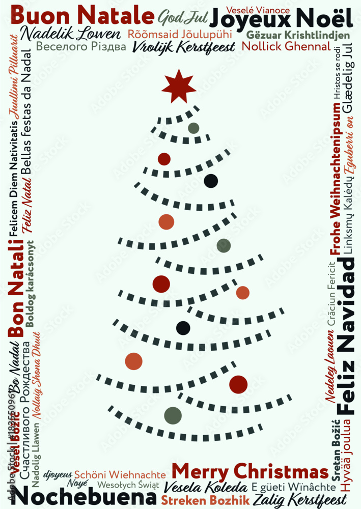 Christmas card with x-mas tree and greetings in english, spanish ...