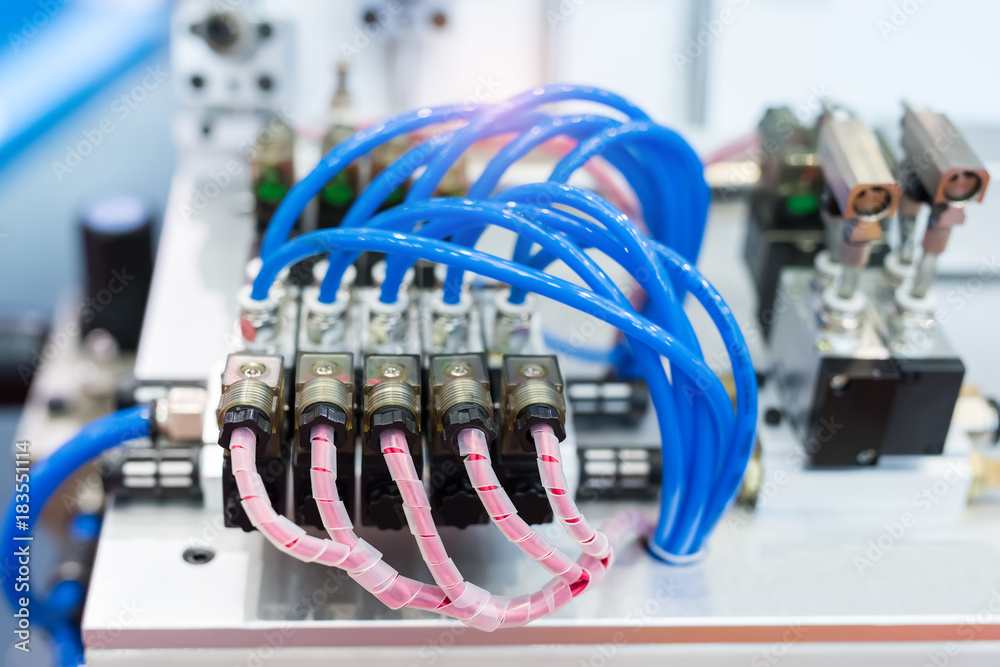 pneumatic control system. Hoses and valves. Stock Photo | Adobe Stock