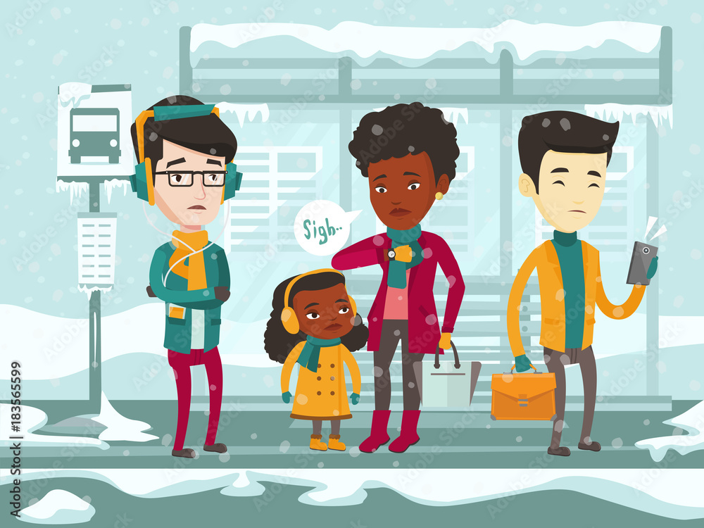 Diverse group of sad multicultural people standing at the bus stop ...