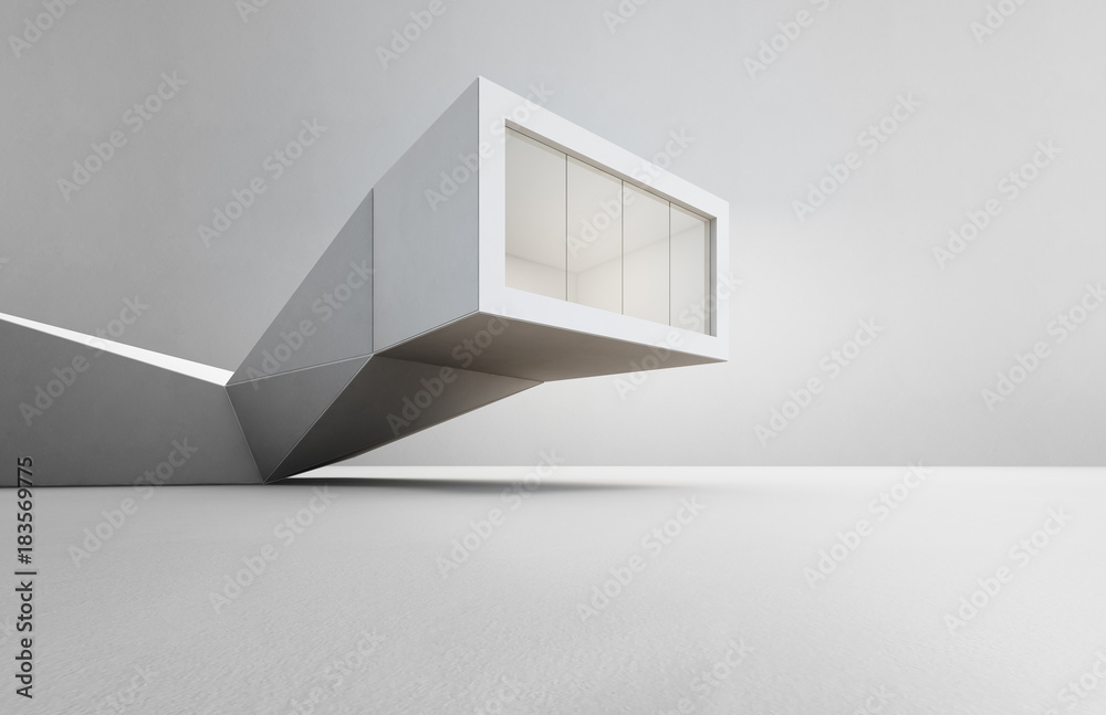 Geometric shapes house on white floor with empty concrete wall ...