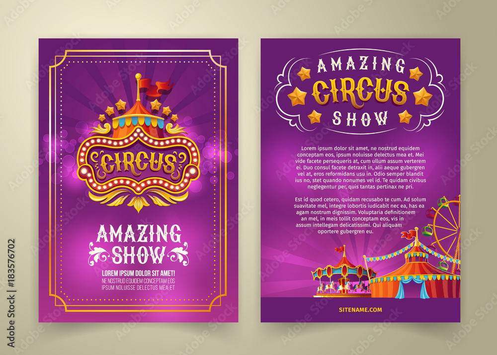 Vector circus flyer, cartoon banner, purple background with vintage ...