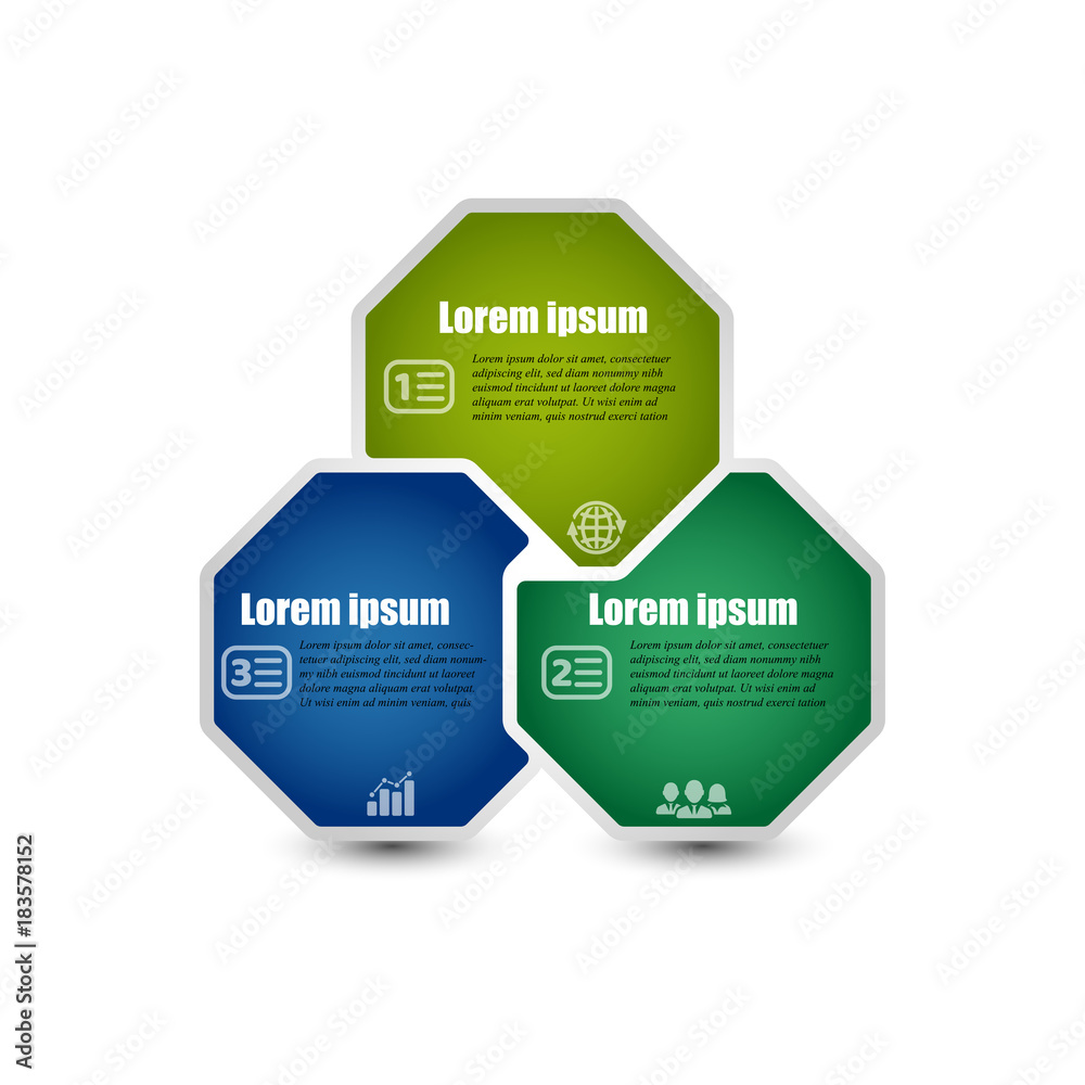 Circle infographic template. 3 colorful octagons with number and icon ...