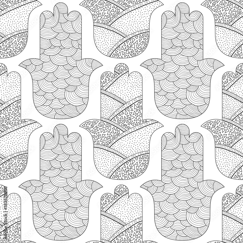 Hamsa hand. Black and white seamless pattern for coloring page ...