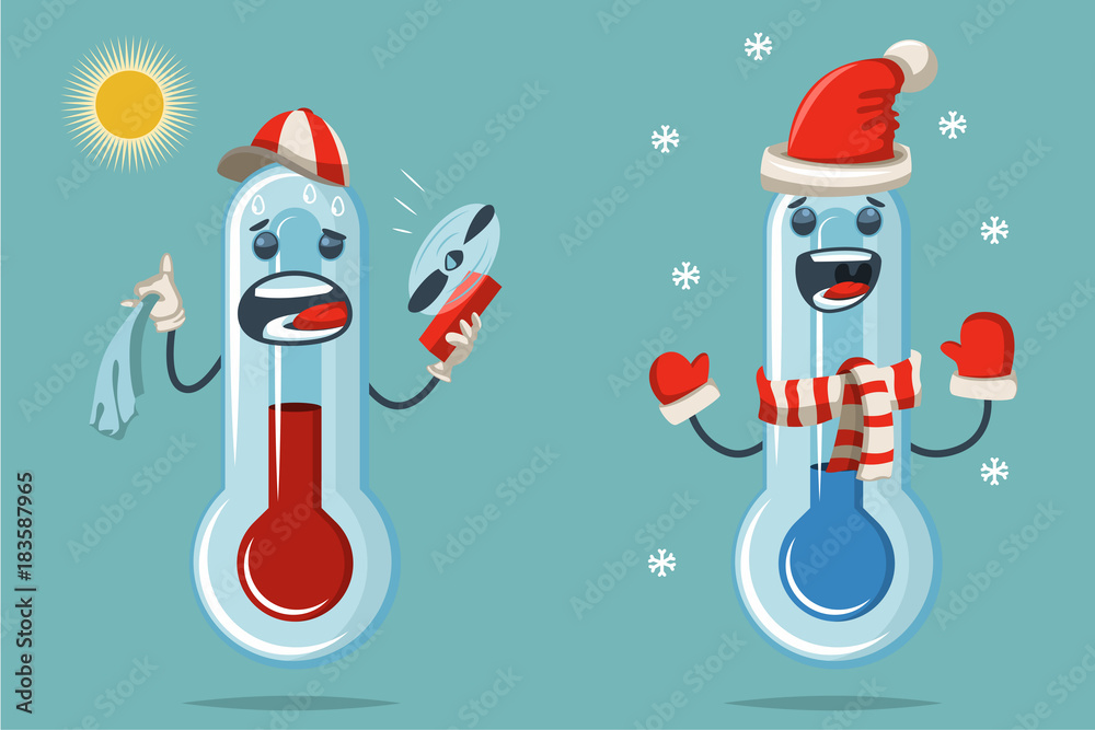 Thermometer with a cute face cartoon flat character. Vector icons of ...