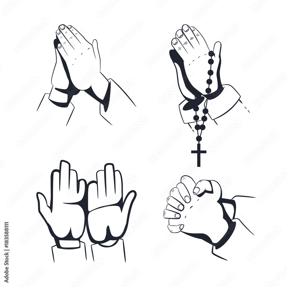 Praying hands with holy rosary beads vector icon set isolated on a ...