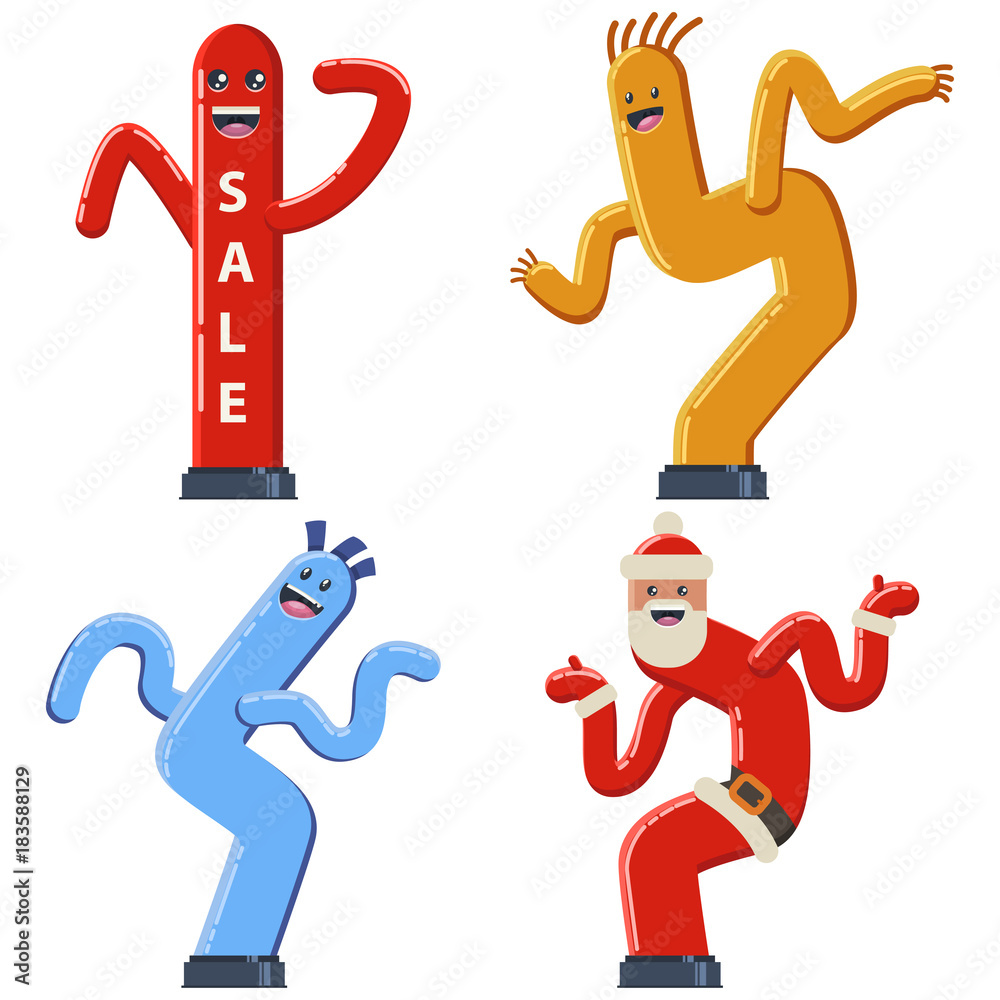 Inflatable dancing tube man vector cartoon flat set. Wacky waving air ...