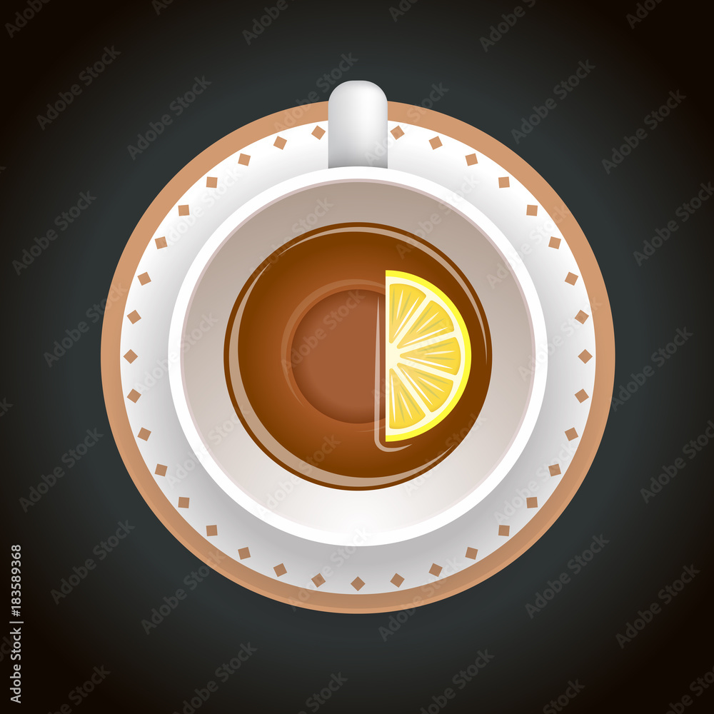 Tea cup - top view, cute cup with black tea and lemon. Vector ...