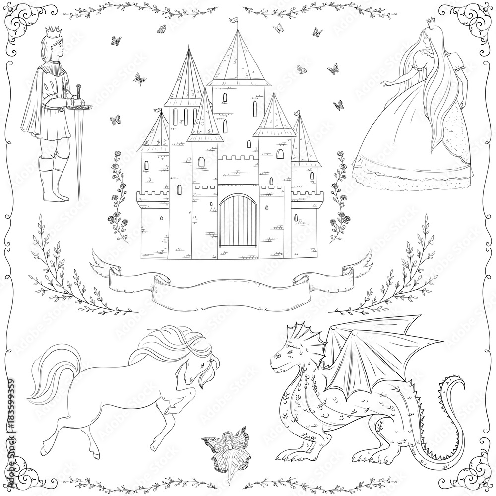 Fairy tale theme. Prince, princess, castle, dragon, fairy, horse ...