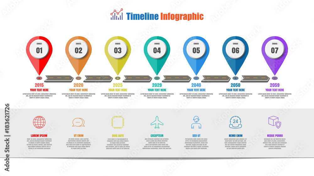Road map timeline infographic with 7 steps pointer design for template ...