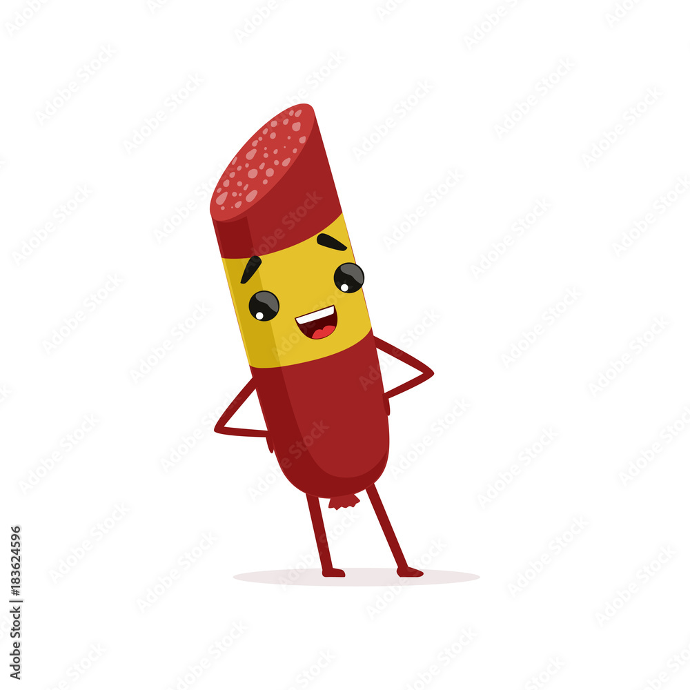 Smiling salami character with yellow brand label standing with arms ...