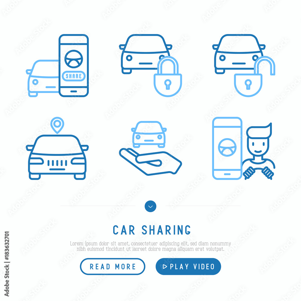 Car sharing thin line icons set of mobile app, key, blocked car ...