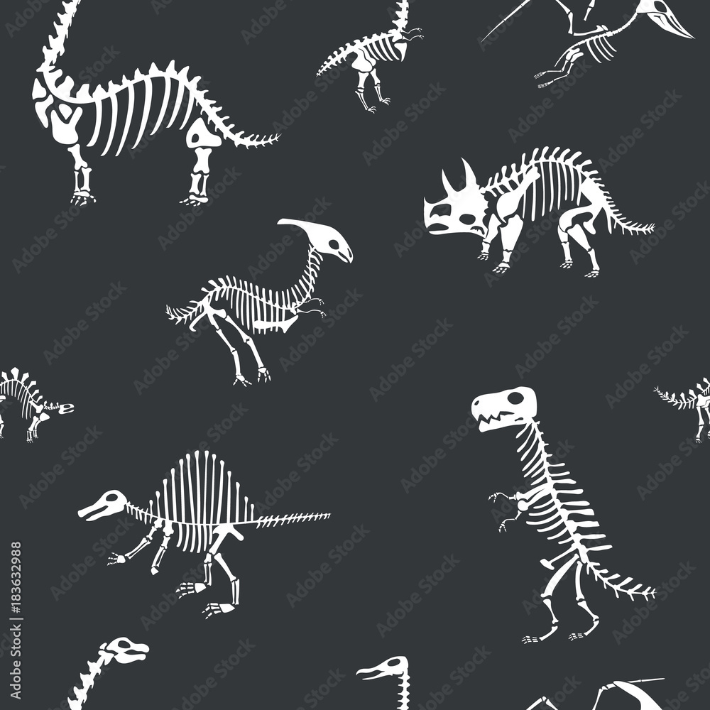 Vector dinosaur skeleton pattern. Dino seamless bone wrap background ...