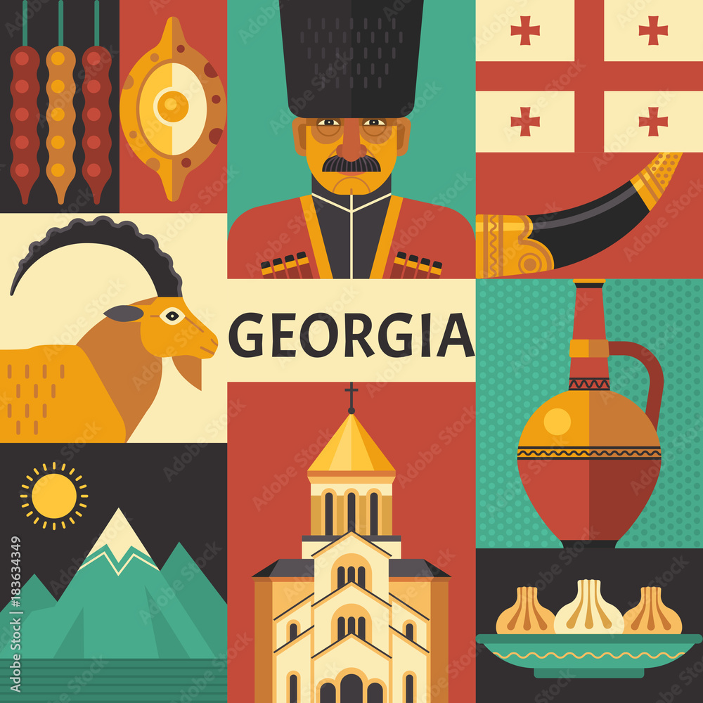 Georgia poster concept. Vector illustration with Georgian culture, food ...