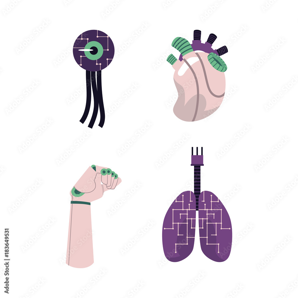 vector cartoon bionic futuristic mechanical prosthesis concept icons ...