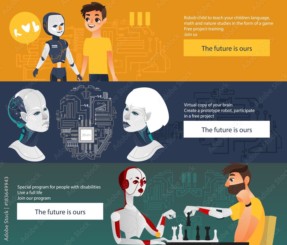 vector cartoon futuristic infographics banners, posters set with people ...