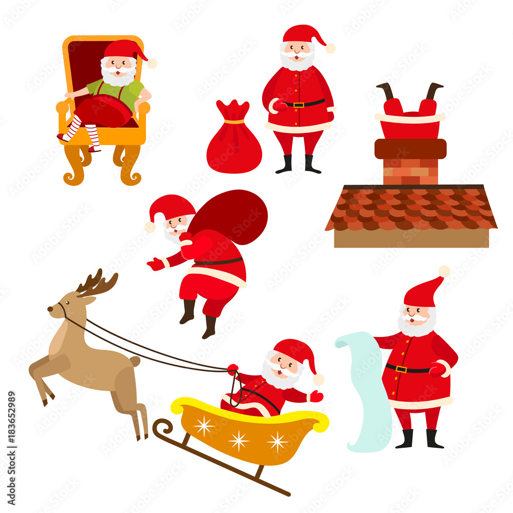 Santa doing various Christmas activities, cartoon vector illustration ...