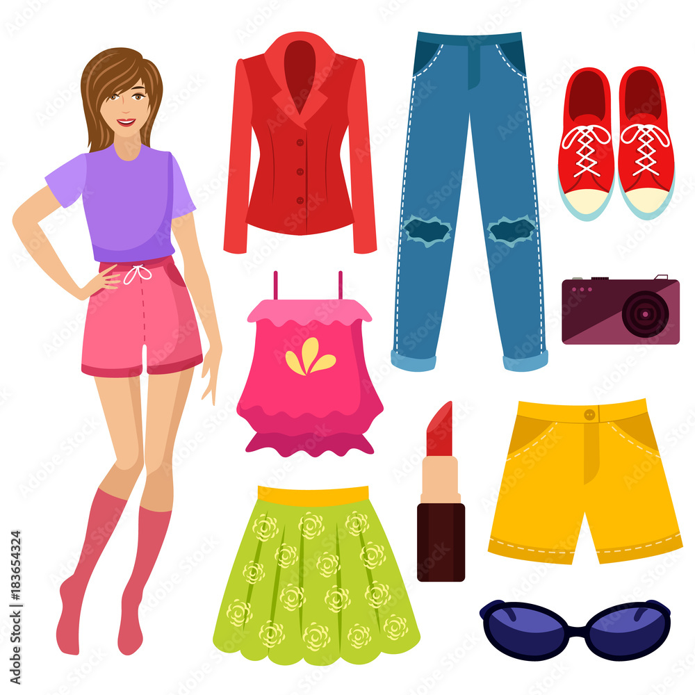 Young woman, girl and her summer wardrobe, clothes and accessories ...