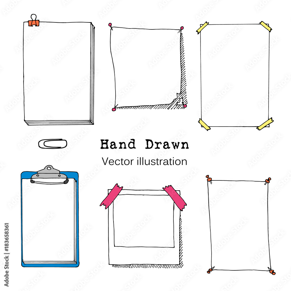 Hand drawn cartoon vector set of paper sheet, folder, sticky note ...