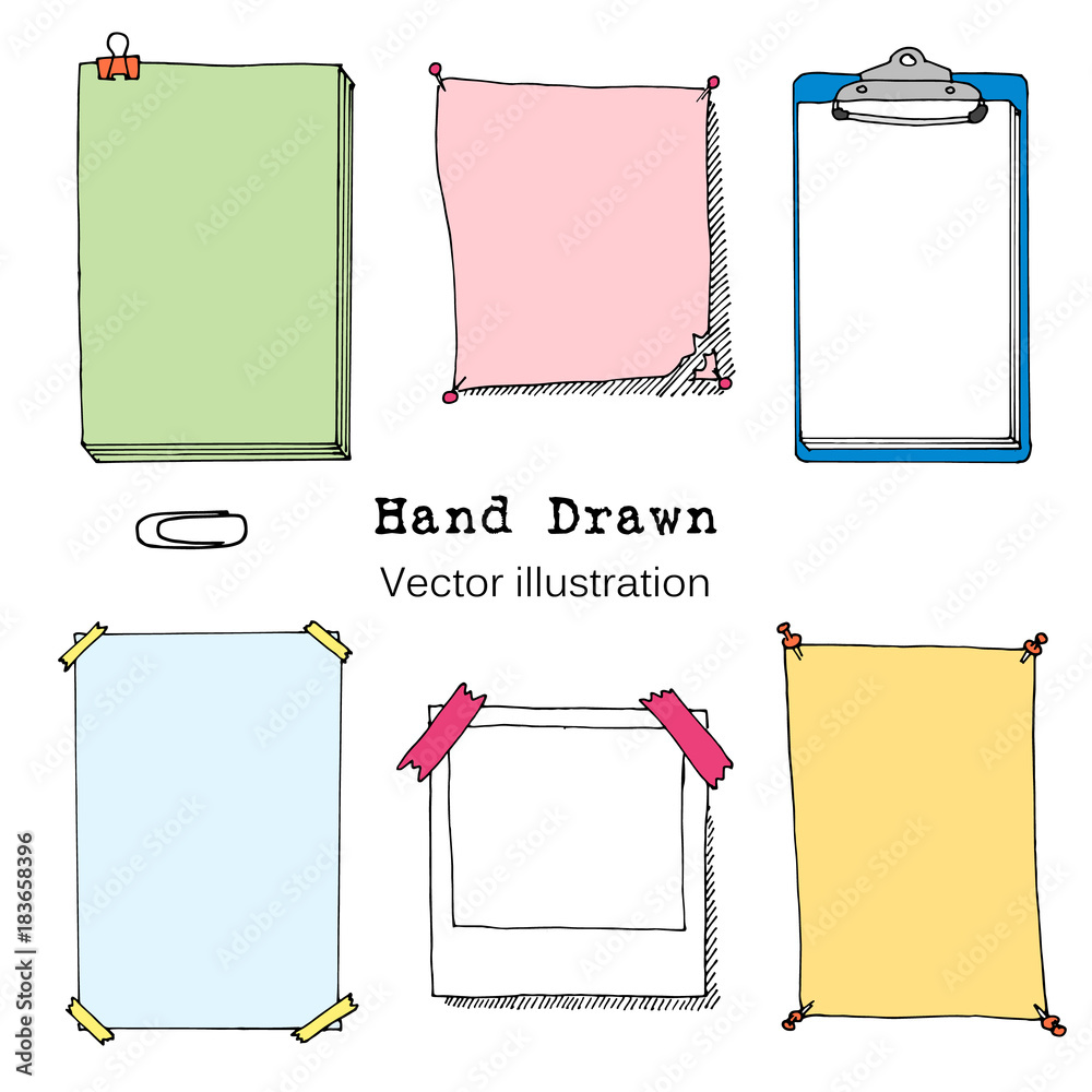 Hand drawn cartoon vector set of paper sheet, folder, sticky note ...