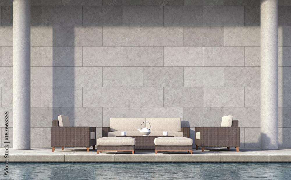 Modern loft style pool terrace 3d rendering image.There are concrete ...