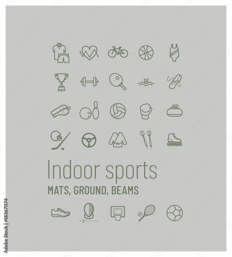 collection de pictos de sports d'intérieur sur tapis, poutres, terrains ...
