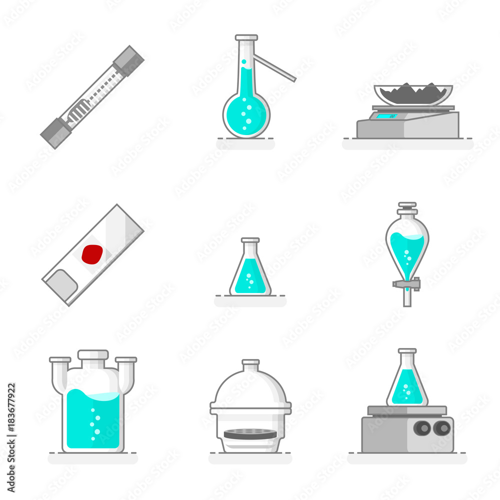 Scientific set of laboratory glassware, materials and tools. Flat line ...