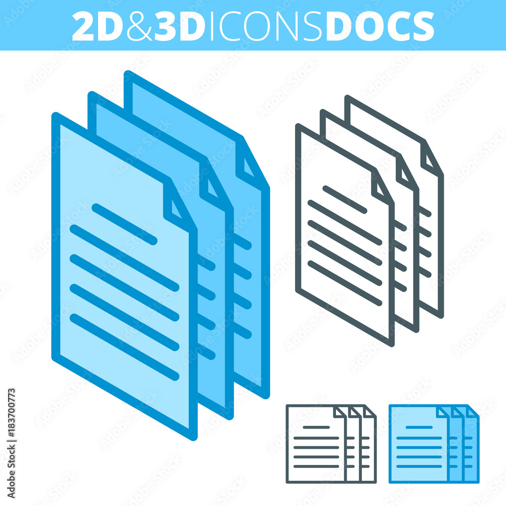 The paper document pile. Flat and isometric 3d outline icon set. The ...