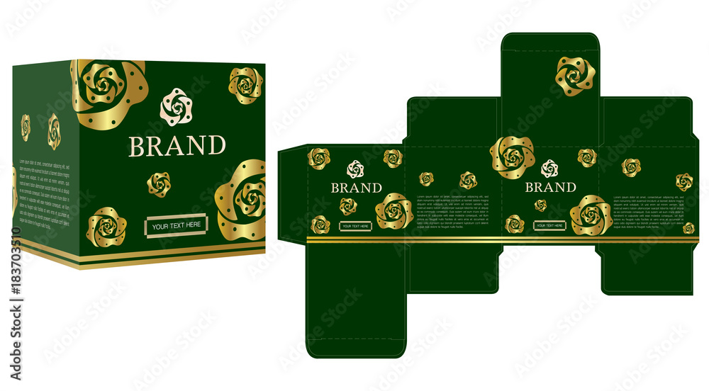 Packaging design vector, green and gold luxury box template and mockup ...