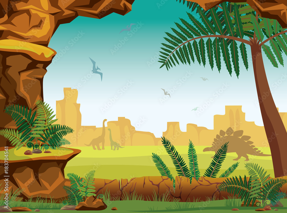 Prehistoric landscape - cave, dinosaurs, fern, mountains Stock Vector ...