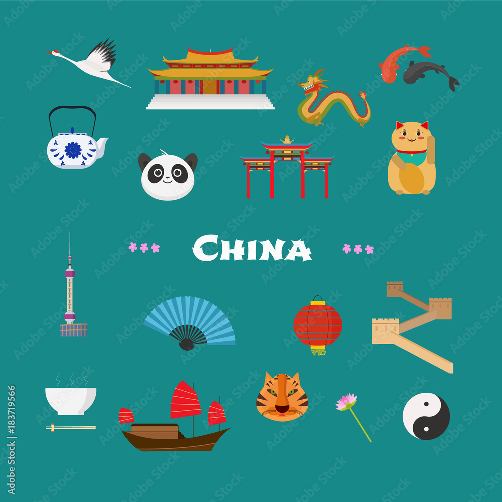 China vector illustration with Chinese famous landmarks, lantern ...
