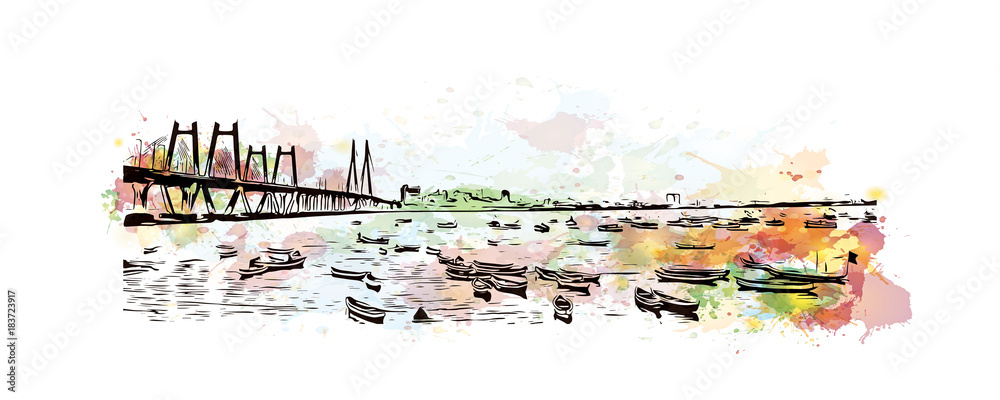 Vettoriale Stock Watercolor splash with hand drawn sketch of The Bandra ...