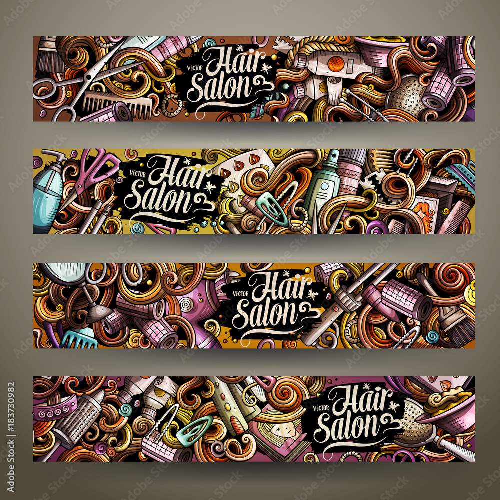 Cartoon colorful vector hand drawn doodles hair salon banners design ...