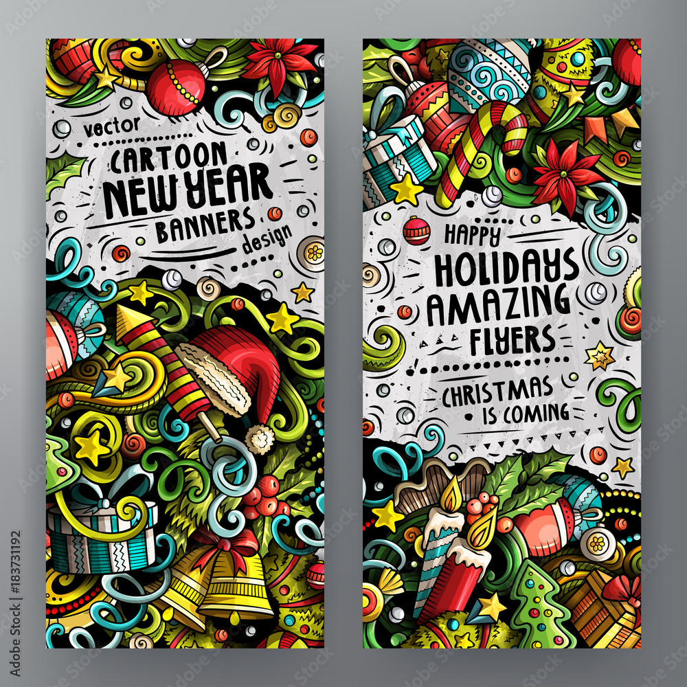 Cartoon cute colorful vector doodles New Year horizontal banners Stock ...