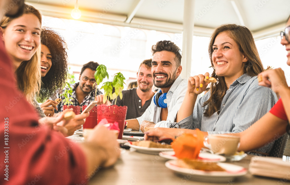 Friends group drinking cappuccino at coffee bar restaurant - People ...