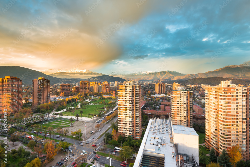 Skyline of buildings around Juan Pablo II park at a wealthy ...