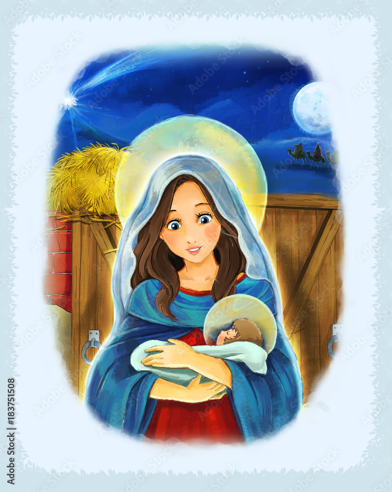 Cartoon scene with Mary and Jesus Christ - illustration for children ...
