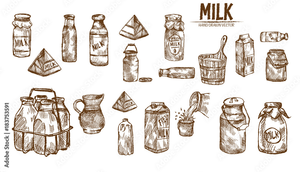 Digital vector detailed line art milk in different Stock Vector | Adobe ...