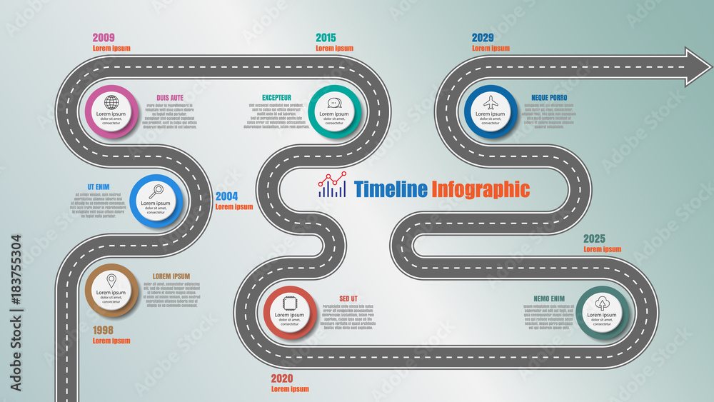 Road map timeline infographic with 7 steps circle designed for template ...