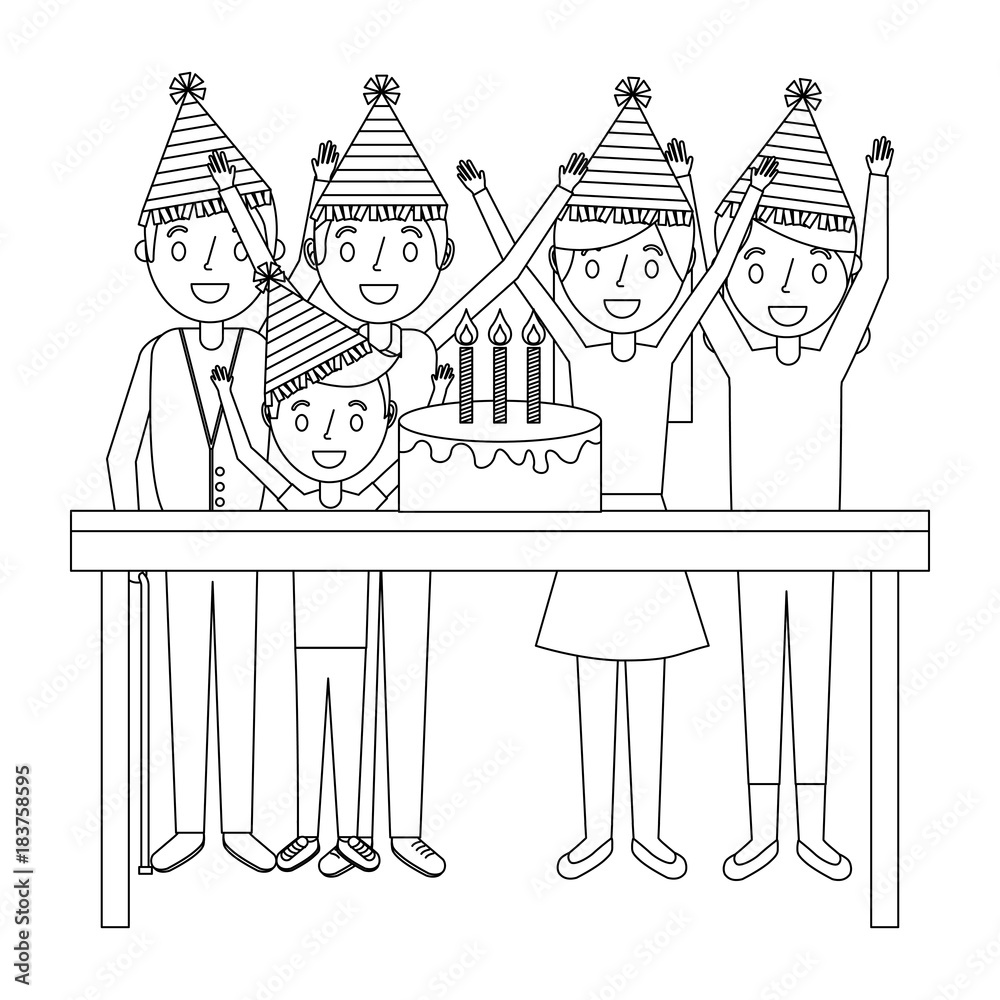 happy family with birthday cake celebration vector illustration outline ...