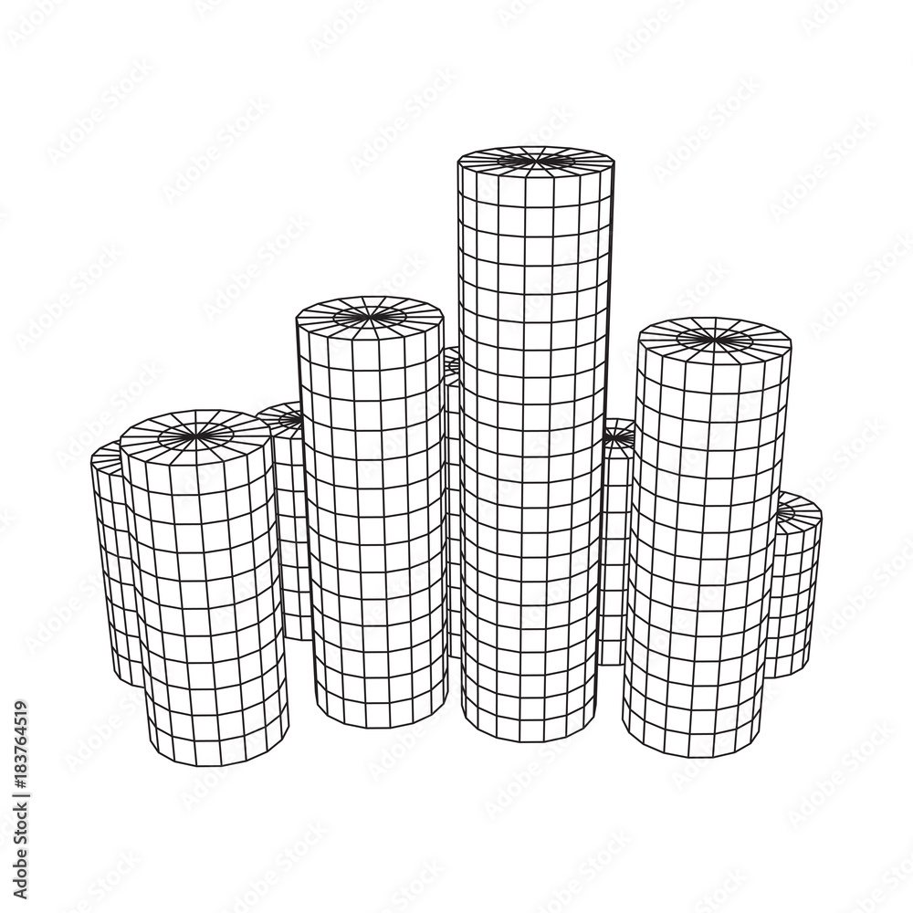 Mesh low poly wireframe Cylinder array like skyscraper city. Connected ...