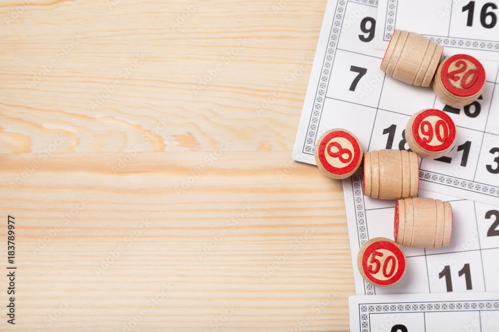 Bingo lotto on wooden background with copy space. Balls with bingo ...
