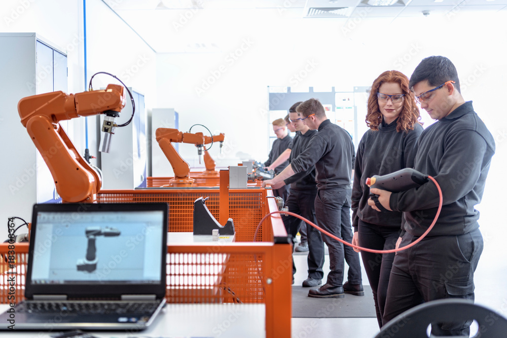Robotics apprentices using test industrial robots in robotics facility ...